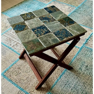 Blue Bohemian Folding Tile Side Table for Narrow Patio or Porch, 5th ...