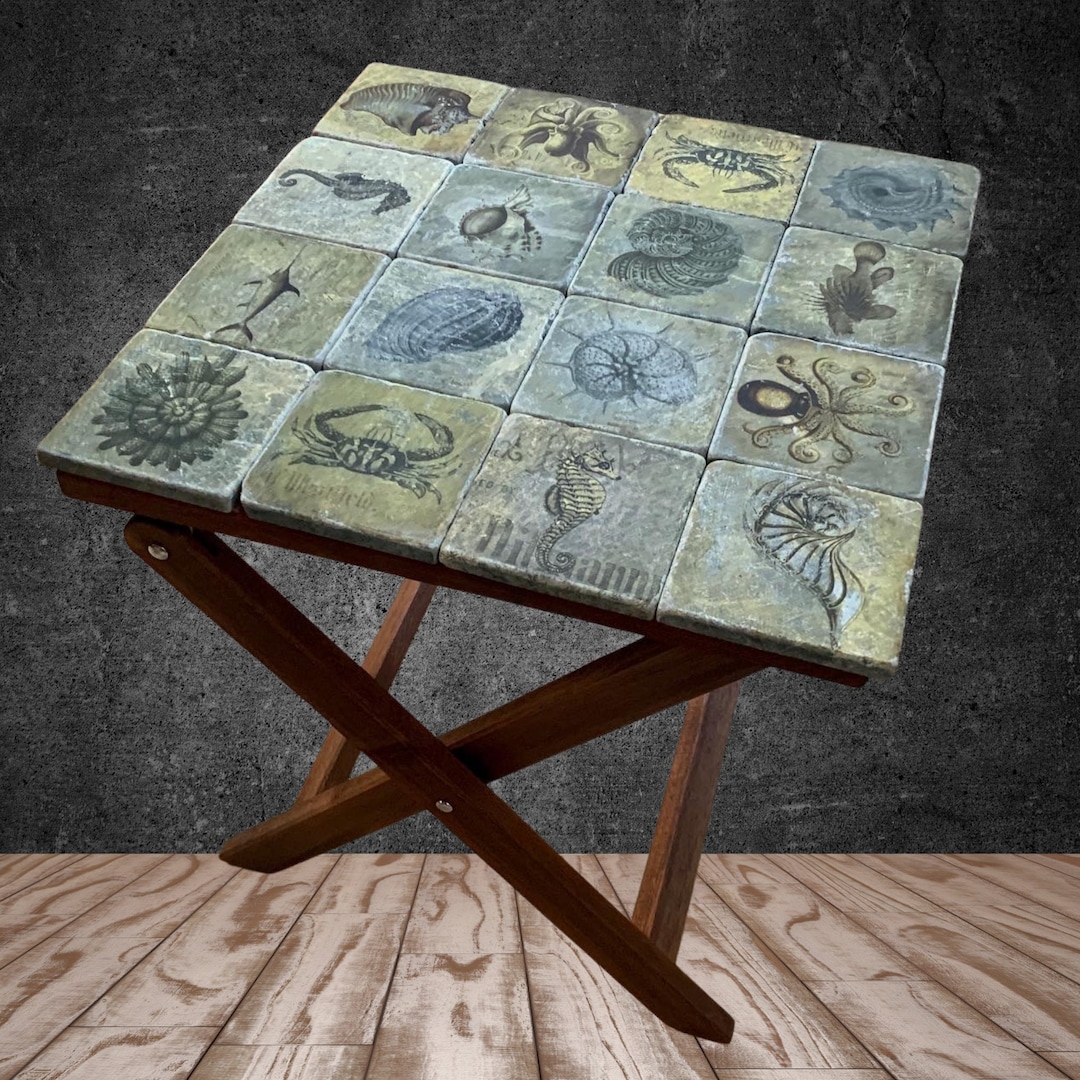 Ocean Tile Side Table for Porch, RV Folding Table Wood, Small Space ...