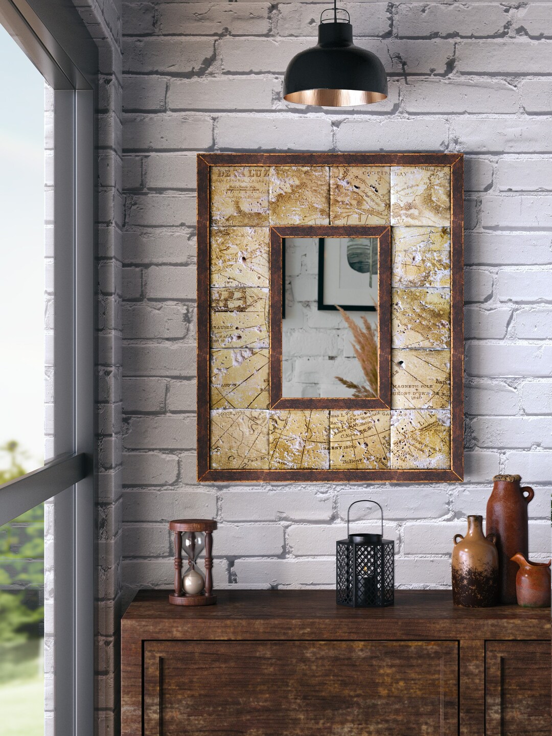 Vintage Map Travertine Mirror for Foyer, 3 Year Anniversary Gift for ...