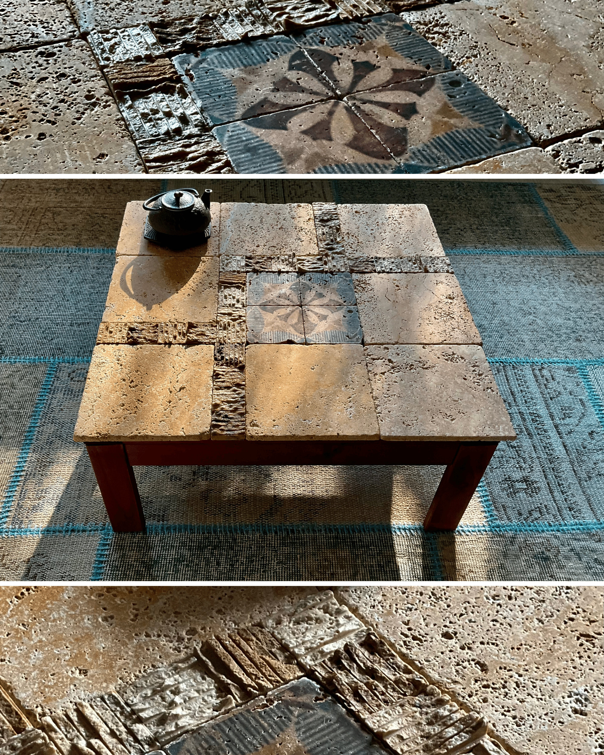 CUSTOM Travertine COFFEE TABLE With Mediterranean Tile Design for Boho ...