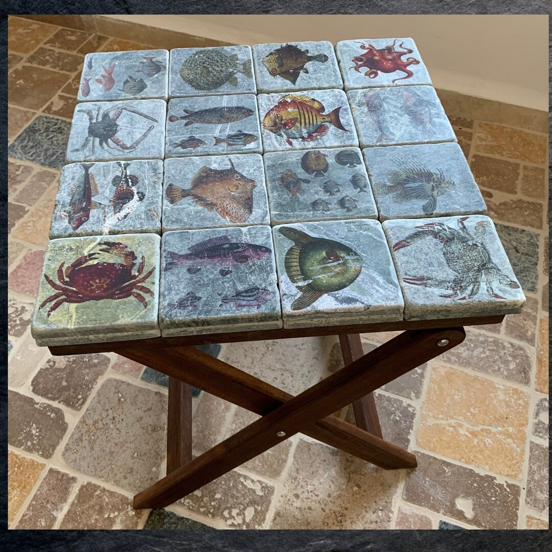 Folding Wooden Table With Marble Tile Top, Coastal Nautical Decor ...