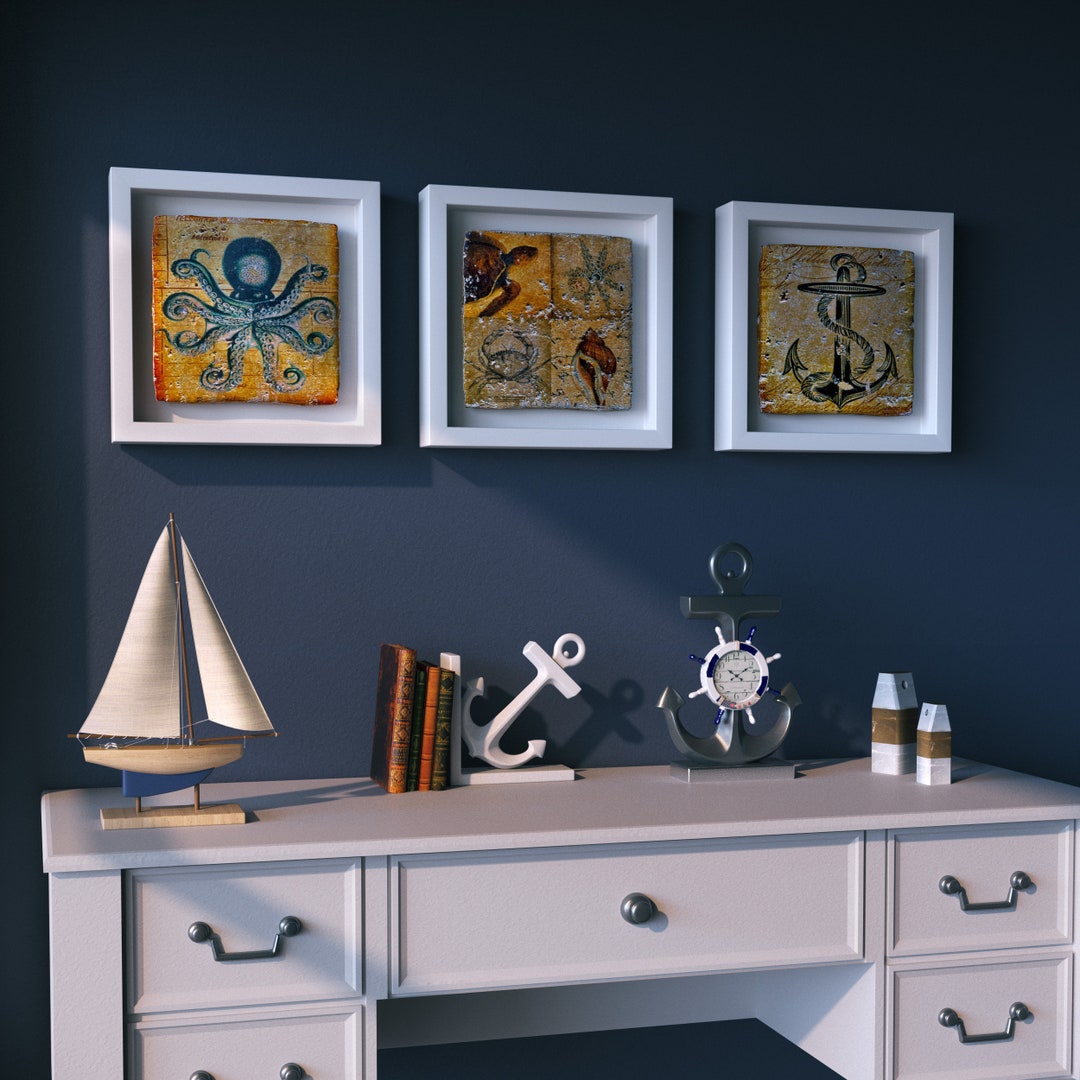 Set of Three Framed Ocean Tiles Sea Wall Décor Ocean - Etsy
