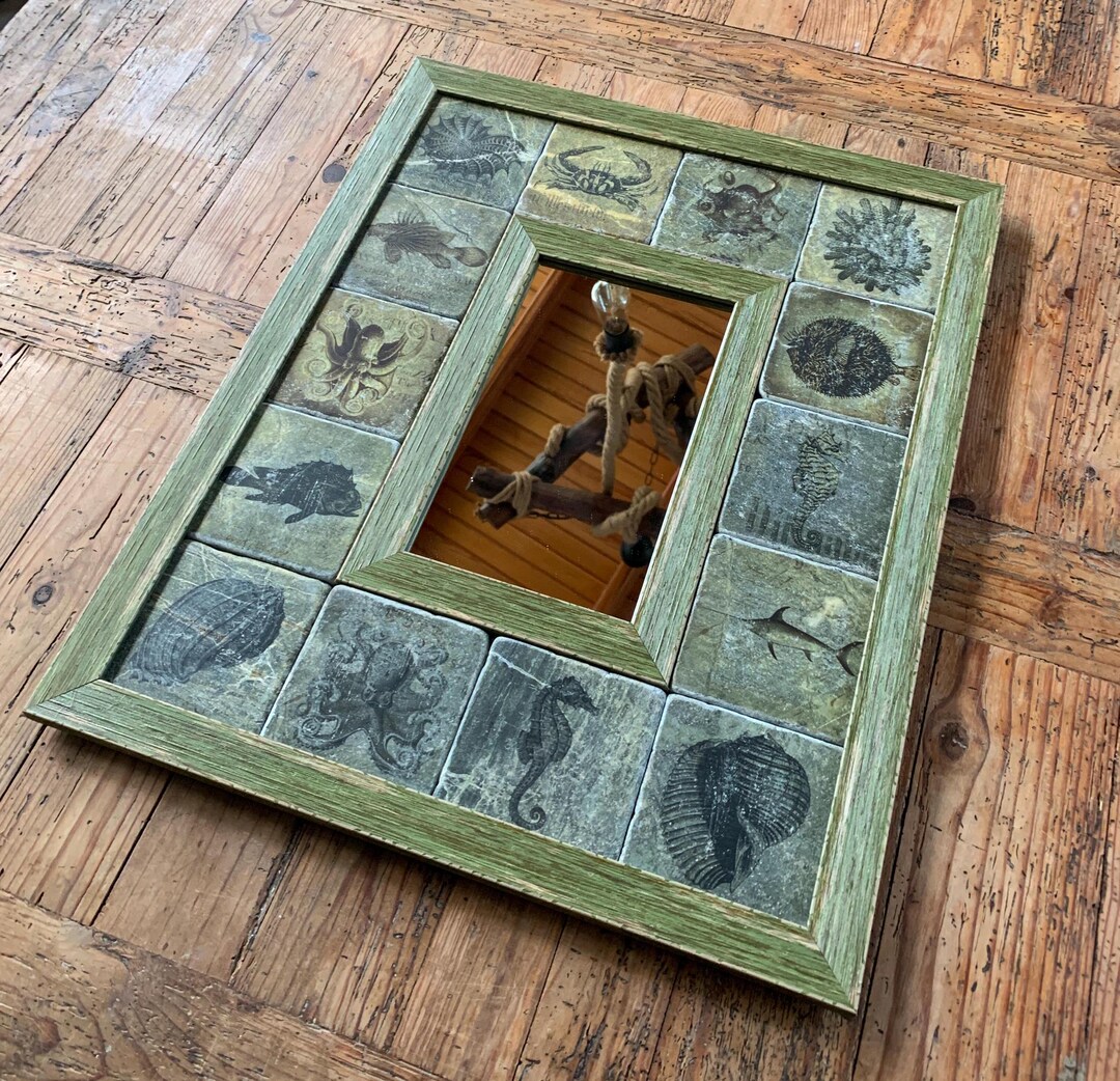 COASTAL BATH MIRROR With Marine Animal Art - Unique Beach Decor for ...