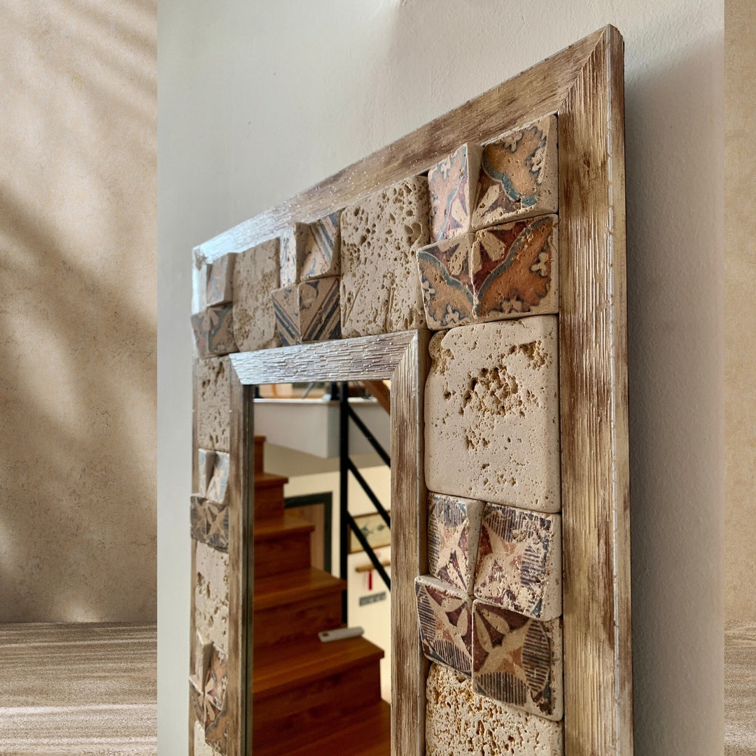 Handmade Boho Travertine Mirror, Natural Stone Wall Decor, Customizable ...