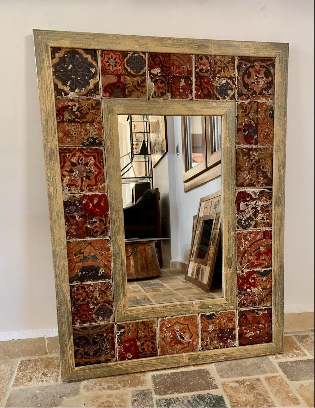 Mexican Tile Mirror, Travertine Wall Mirror, Mosaic Tile Art, Rustic ...
