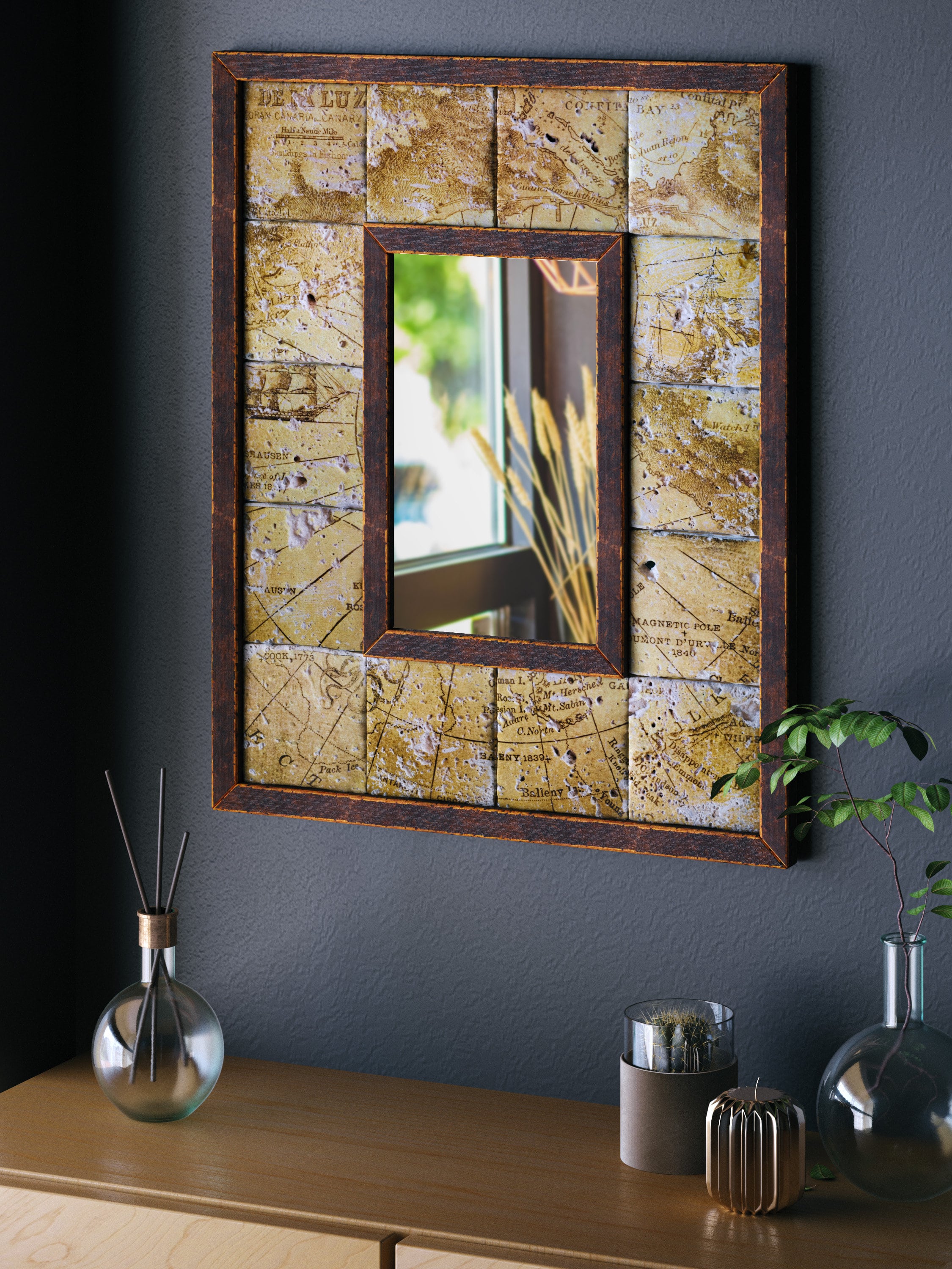 Vintage Travertine Map Mirror - Anniversary Gift, Entryway Decor ...
