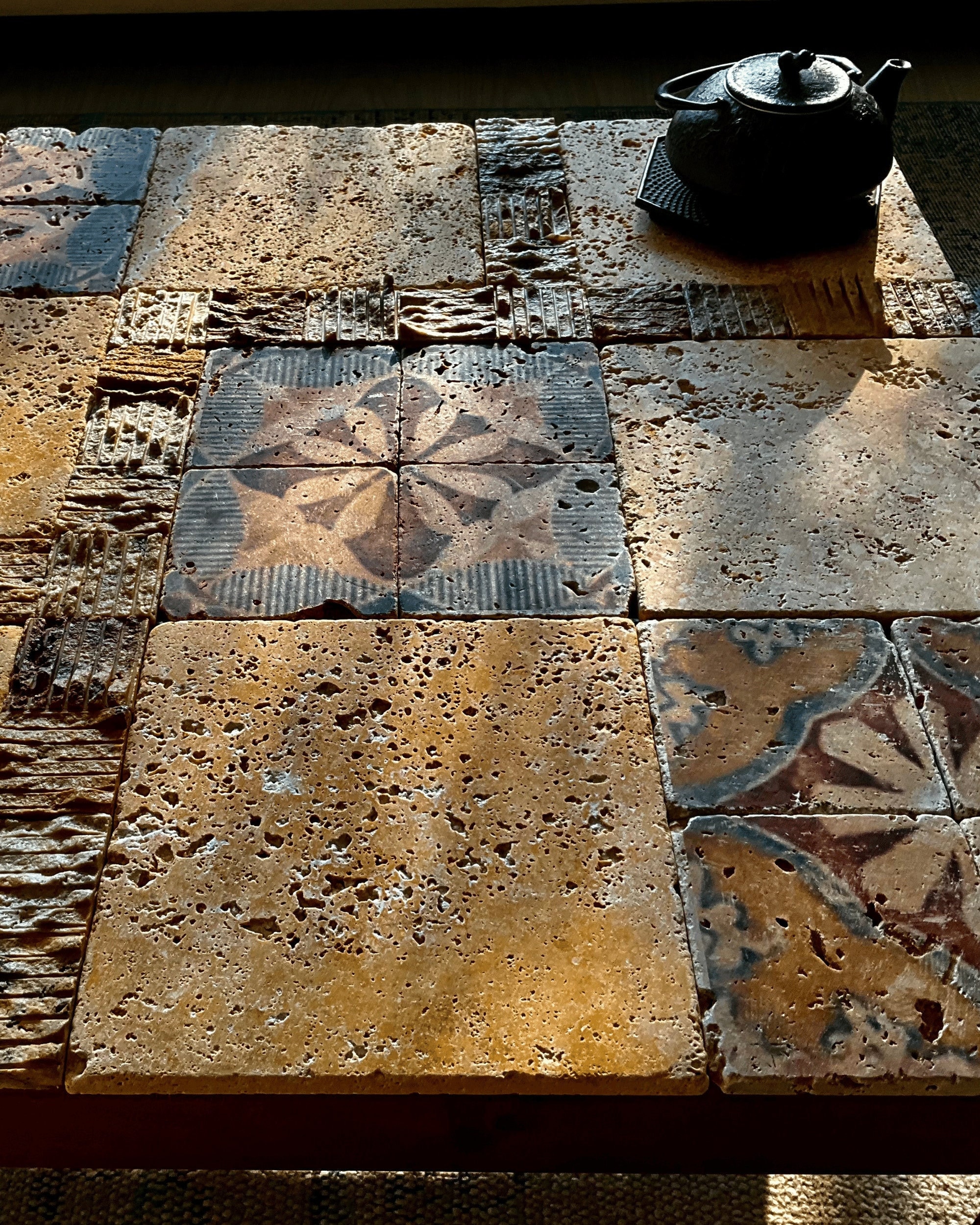 CUSTOM Travertine COFFEE TABLE With Mediterranean Tile Design for Boho ...