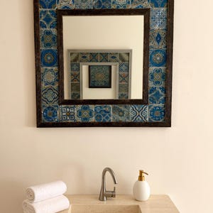 Blue Tile Coastal Bathroom Mirror, Handmade Travertine Mosaic Stone ...
