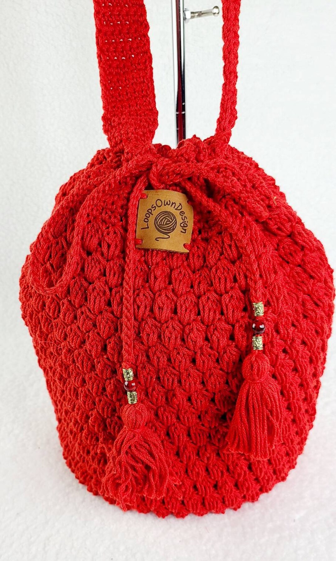 Big Bright Red Cotton Yarn Drawstring Handbag, Crochet Drawstring With ...
