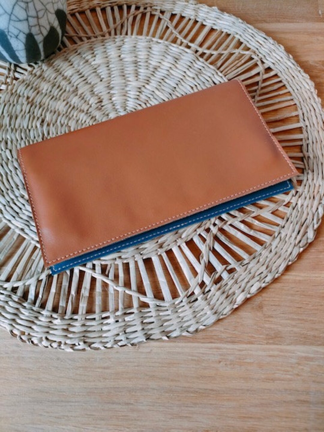 Camel and Blue Leather Checkbook Cover - Etsy