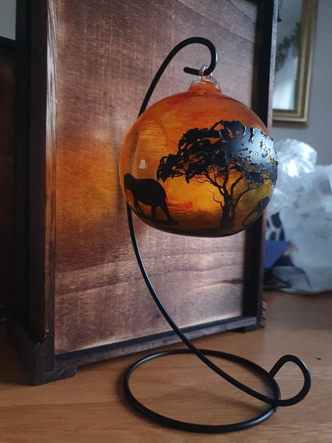 African Savannah Sunset Elephant Glass Painted Bauble on Stand - Etsy UK