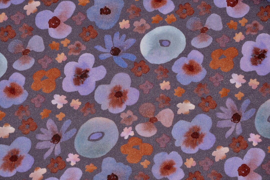 Sweat Cotton Fabric Watercolor Flowers Purple, Sweat Fabric Floral ...