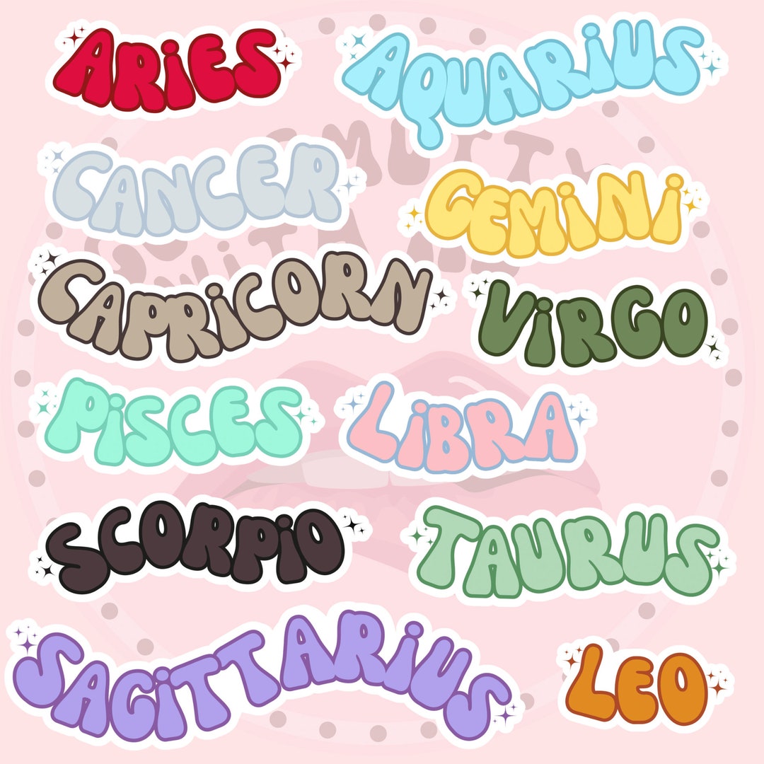 Zodiac Stickers, Holographic, Bubble Letters, Water Bottle Sticker ...