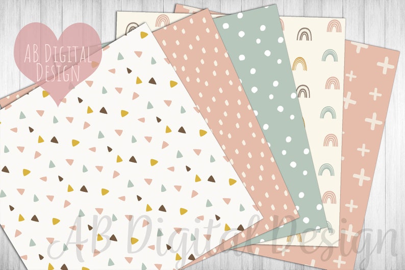 Boho Rainbows & Doodles Digital Paper Blush Pink Gold Blue | Etsy