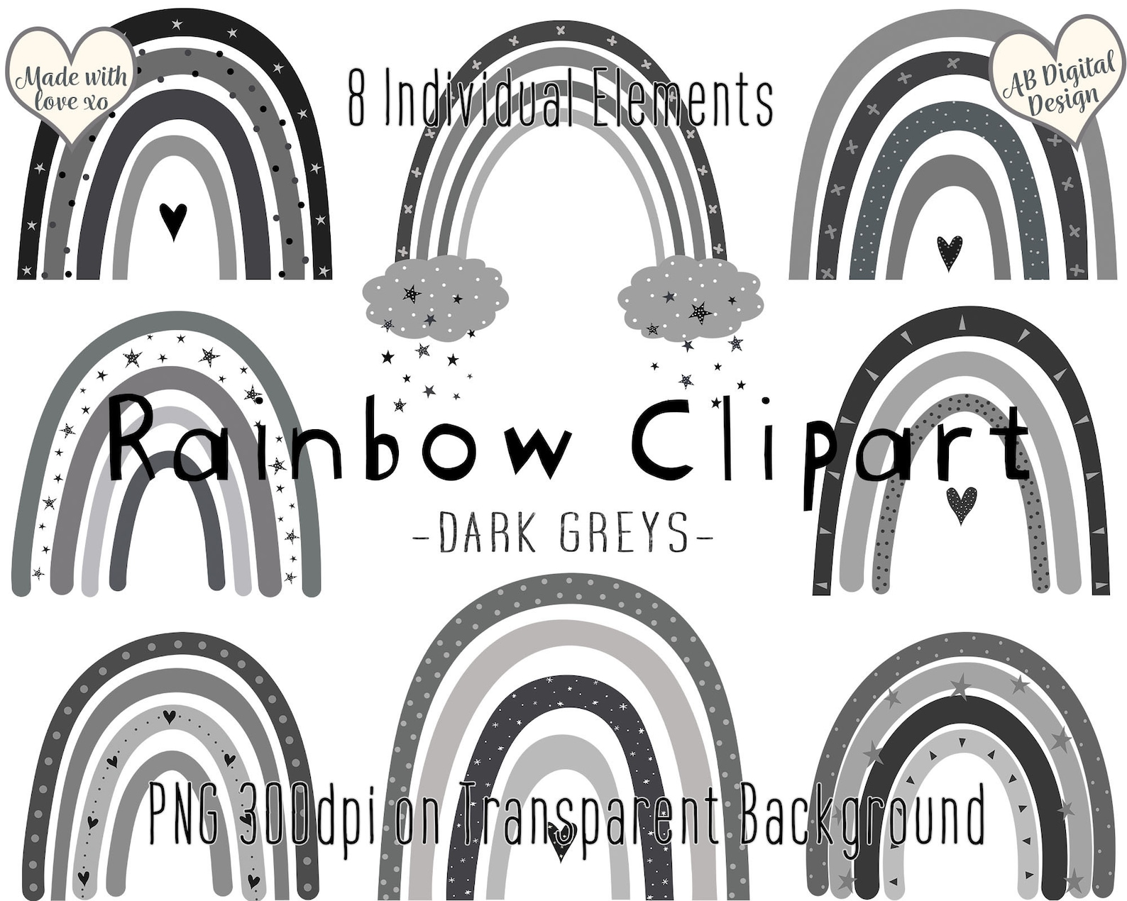 Grey Rainbow Clipart | Neutral Grey Monochrome | Boho Rainbows | Boho ...