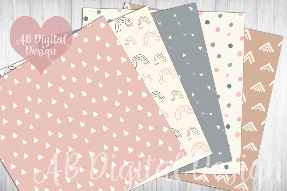 Boho Digital Paper | Blush Pink, Rose Gold, Blue | Baby Girl, Baby Boy ...