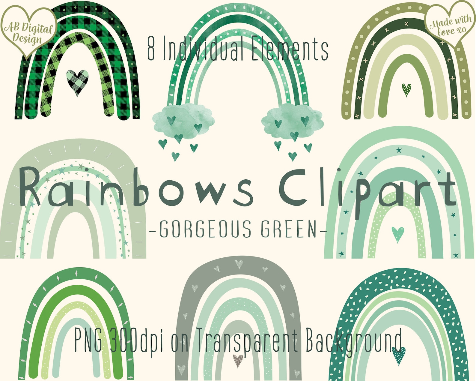 Green Rainbow Clipart | Boho Rainbows | Baby Nursery Clipart | St ...