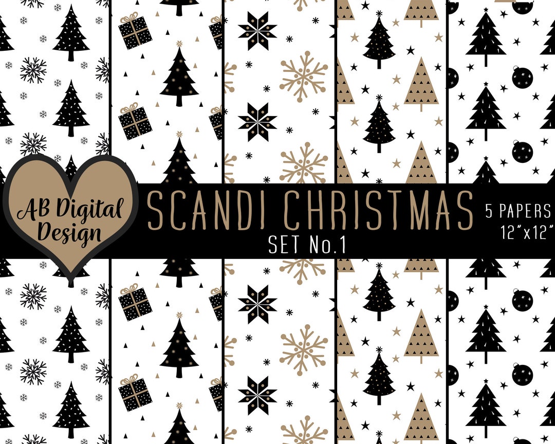 Scandi Christmas Digital Paper Backgrounds | Black/white/gold ...