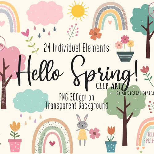 Spring Clipart Cute Pastel Rainbows Flowers & Trees Spring - Etsy