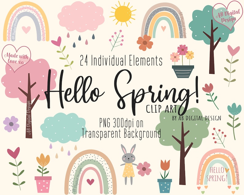 Cute Spring Clipart Flowers Rainbows Trees Garden Potted - Etsy