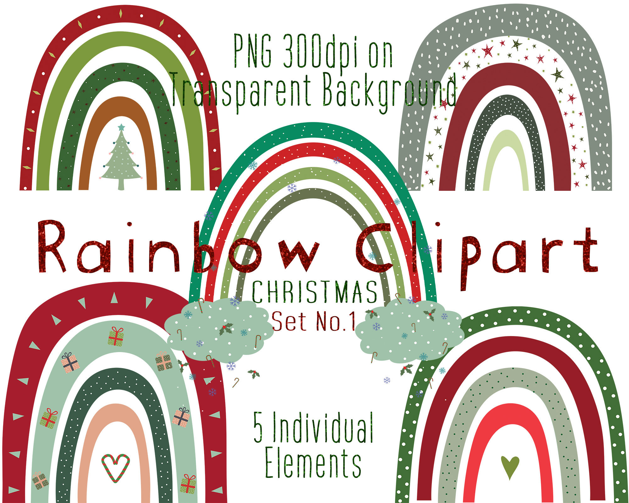 Card Making & Stationery Rainbows Clip Art Commercial use Christmas ...
