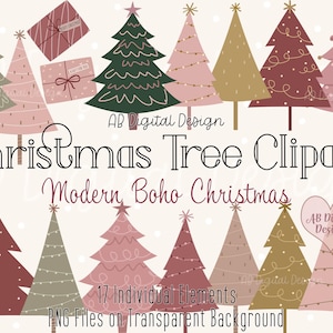 Modern Christmas Tree Clipart Bundle | Cute Pink Boho Christmas Tree ...