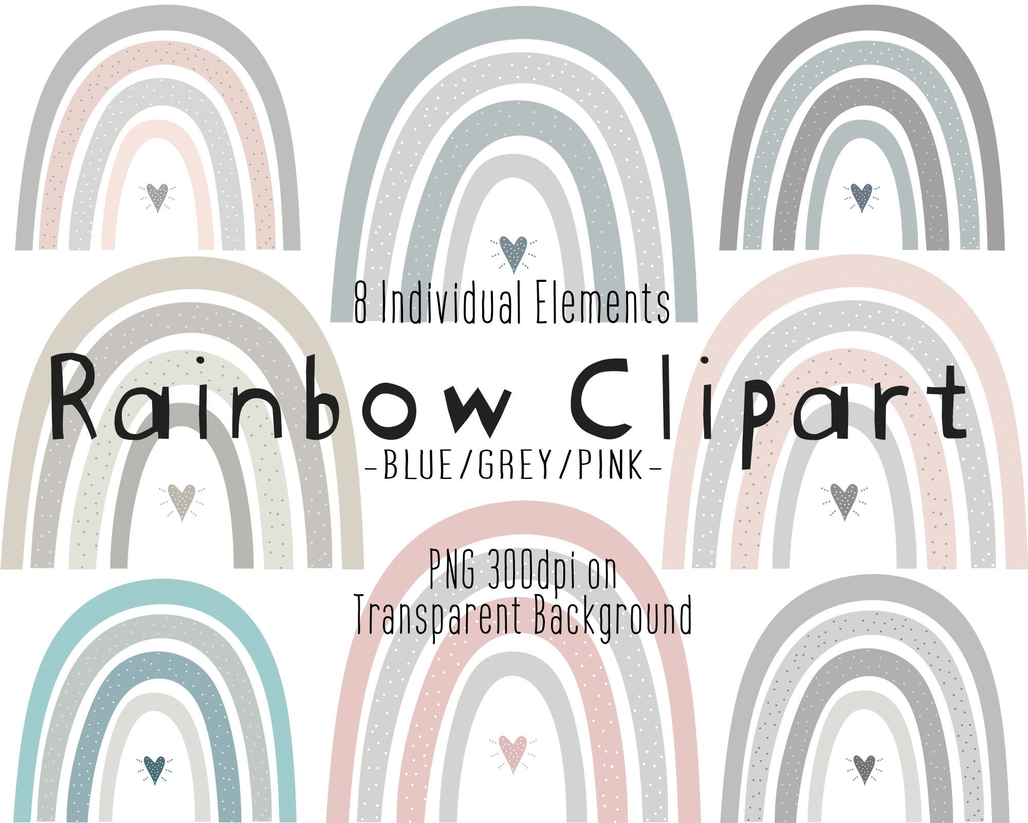 Muted Rainbow Clipart | Grey/blue/pink Scandi Rainbows | Boho Rainbows ...