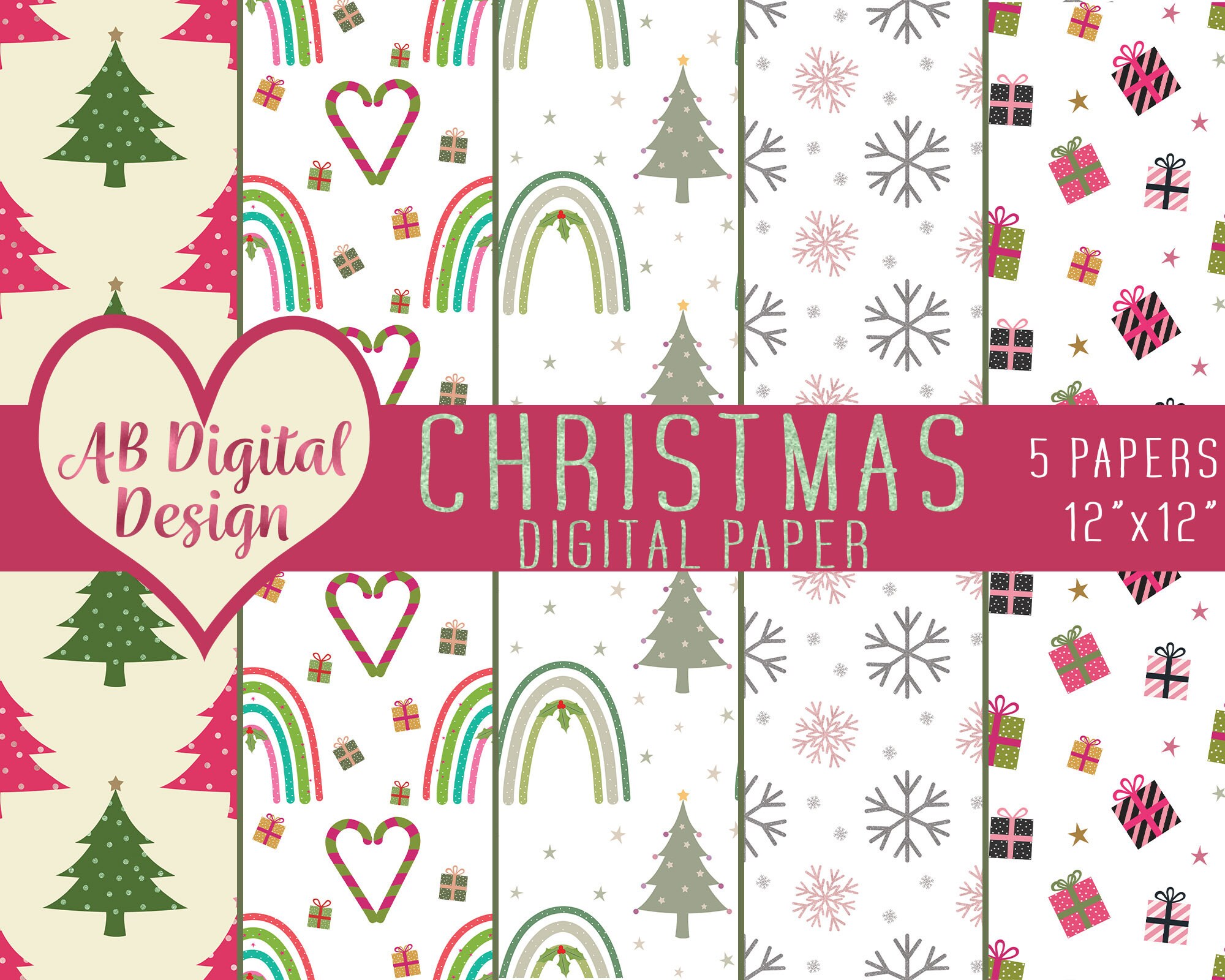 Cute Christmas Digital Paper Background | Christmas Trees, Snowflakes ...