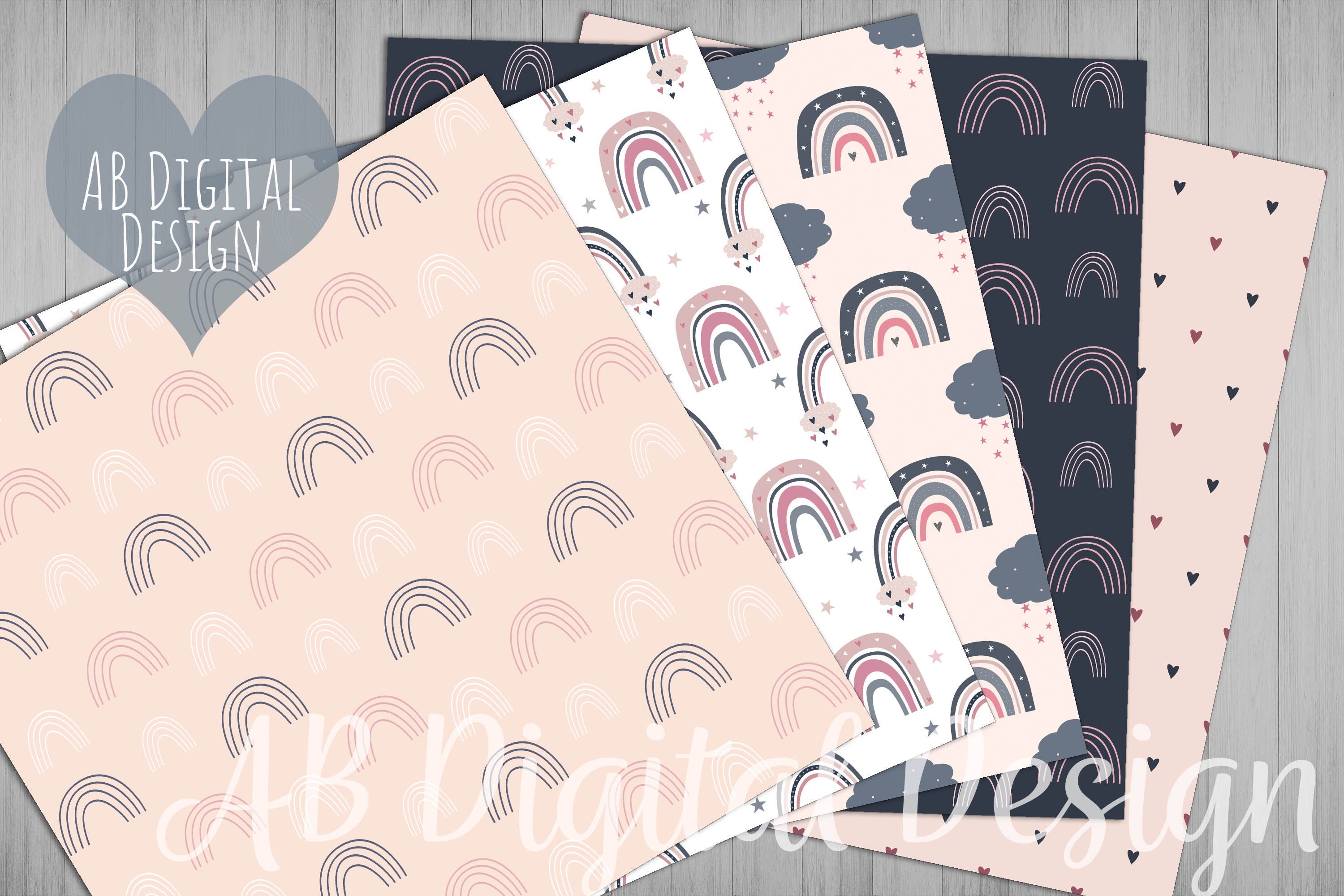 Rainbow Digital Paper Pink, Blush & Navy Baby Girl, Baby Shower ...
