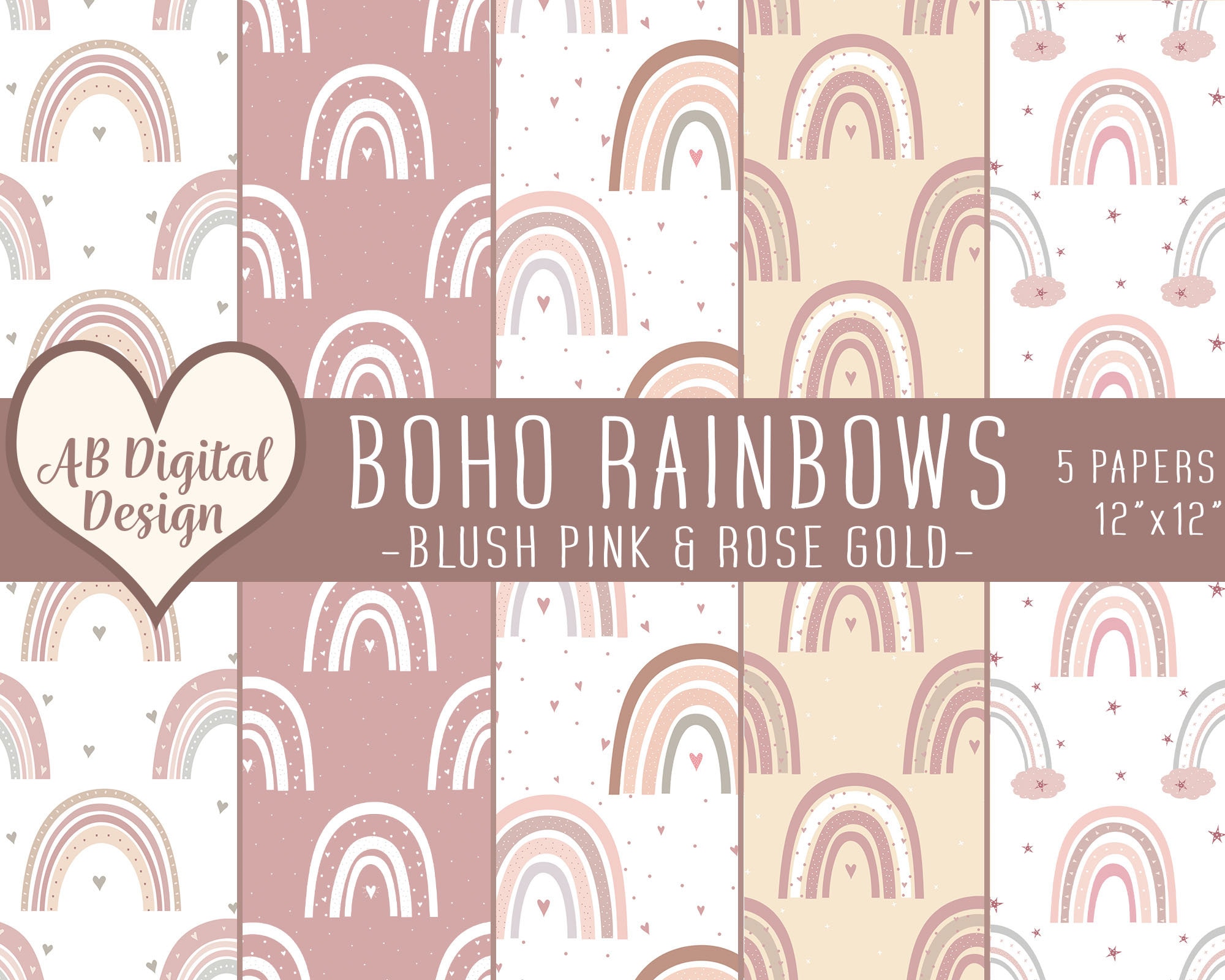 Rainbow Digital Paper Blush Pink/rose Gold Boho Rainbows Scandi ...