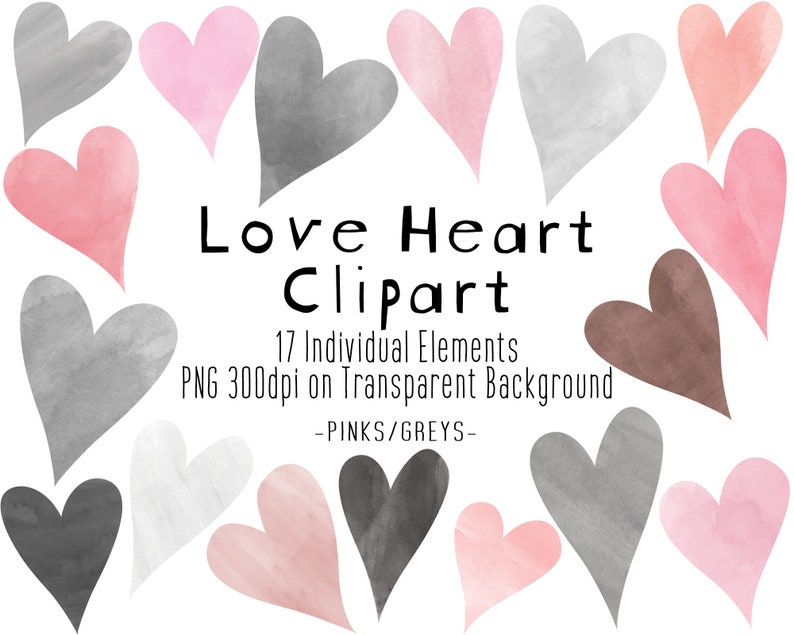 Pink & Grey Hearts Clip Art | Valentines Watercolor Love Hearts | Boho ...
