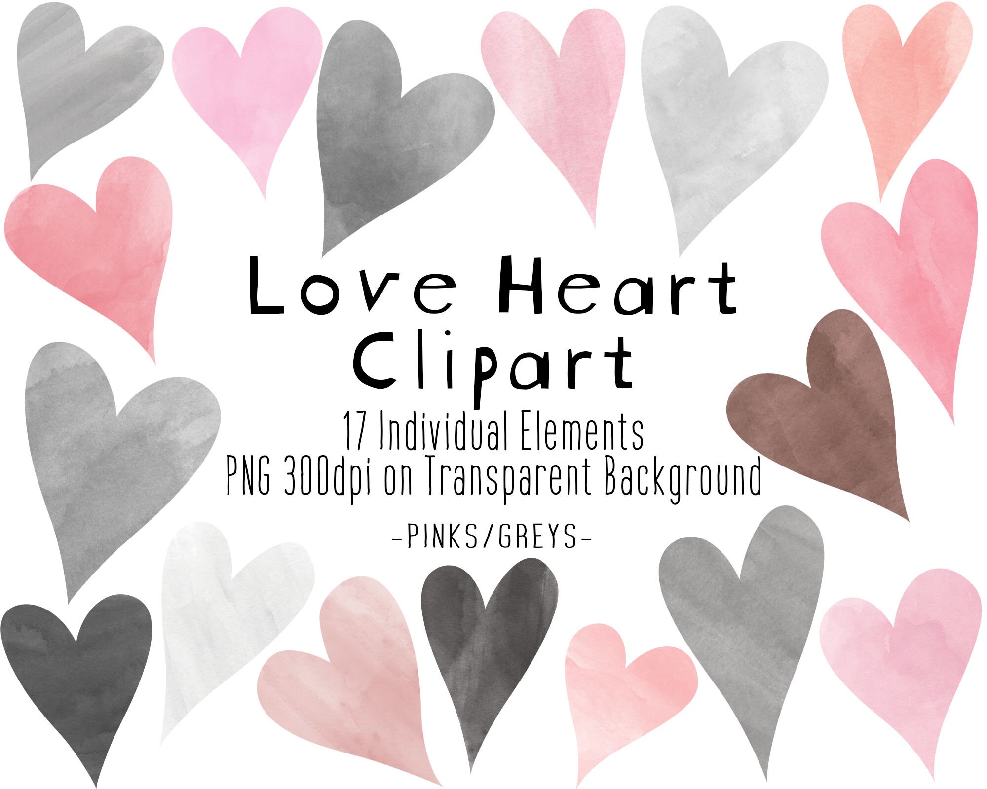 Pink & Grey Hearts Clip Art | Valentines Watercolor Love Hearts | Boho ...