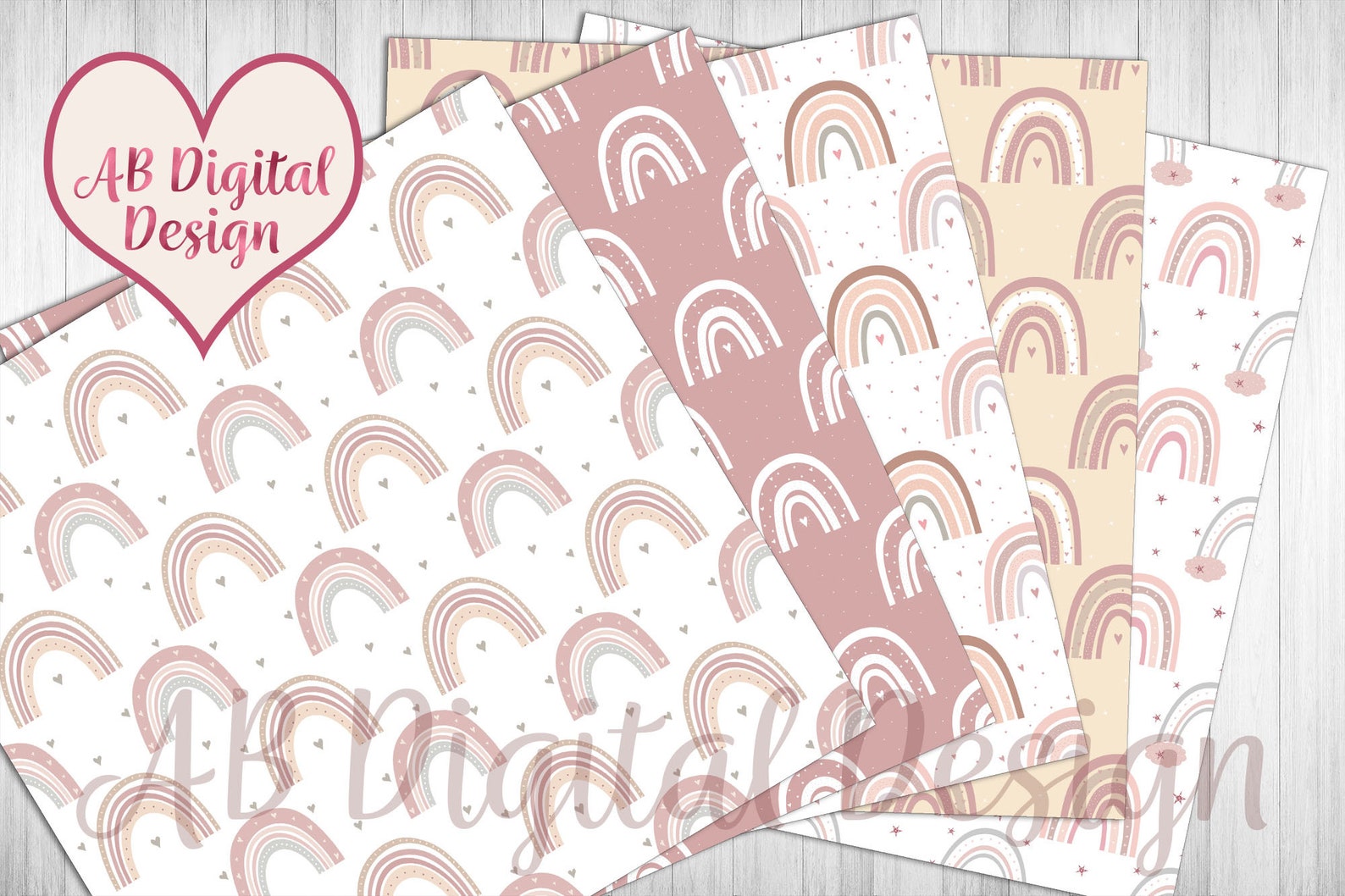 Rainbow Digital Paper Blush Pink/rose Gold Boho Rainbows - Etsy