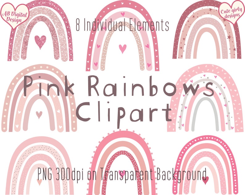 Pink Boho Rainbow Clipart Pink Rainbows Valentine's | Etsy