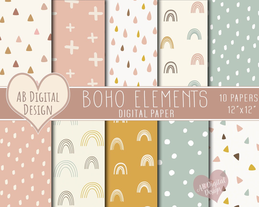 Boho Rainbows & Doodles Digital Paper | Blush Pink, Gold, Blue | Baby ...