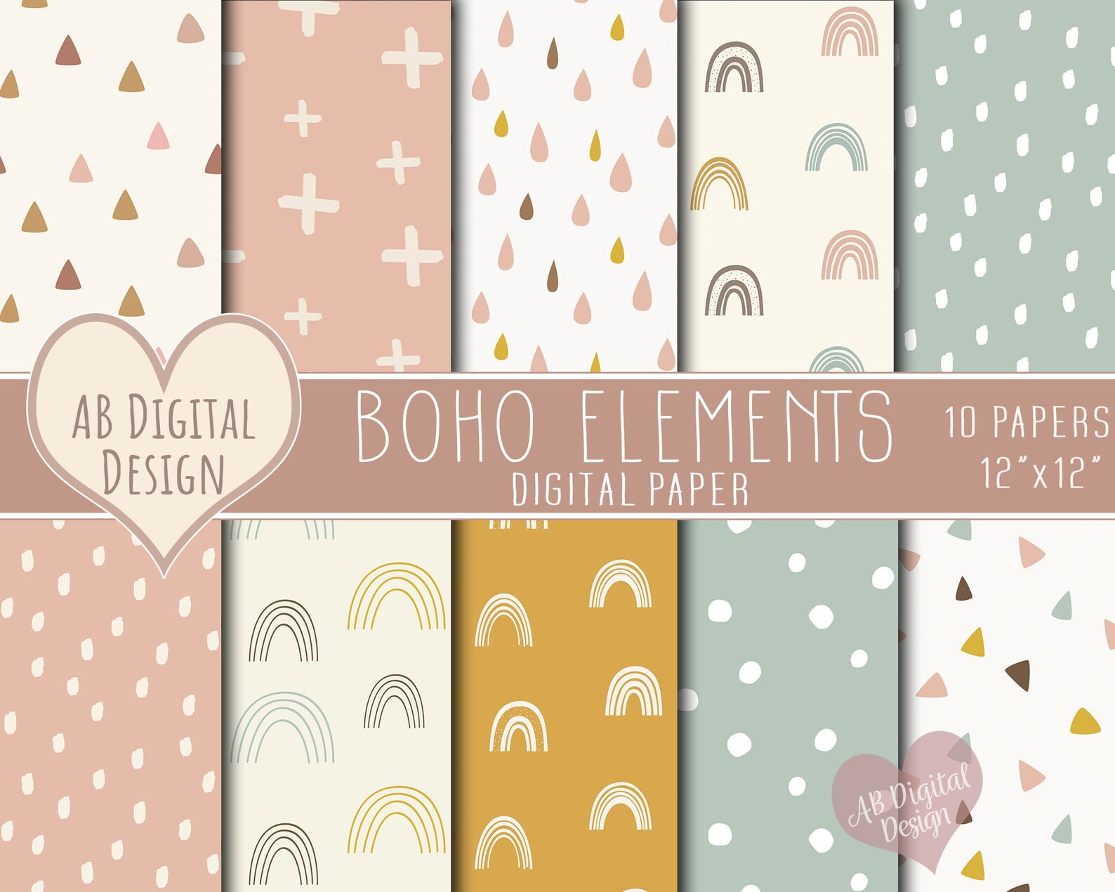 Boho Rainbows & Doodles Digital Paper Blush Pink Gold Blue | Etsy