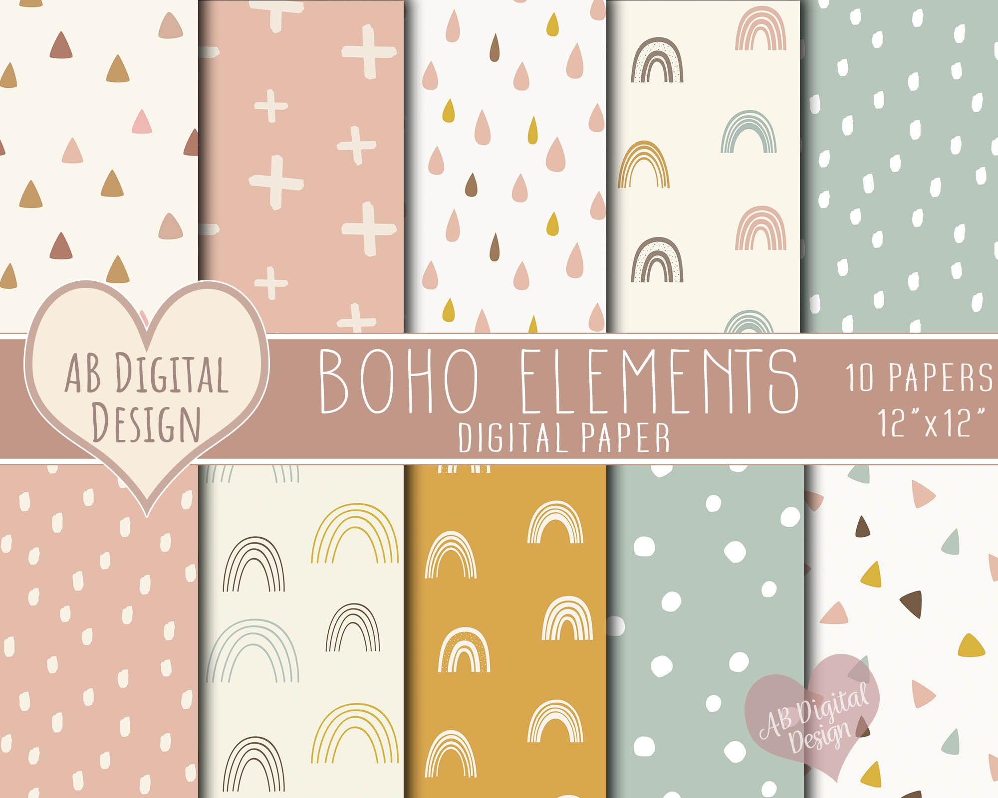 Boho Rainbows & Doodles Digital Paper | Blush Pink, Gold, Blue | Baby ...