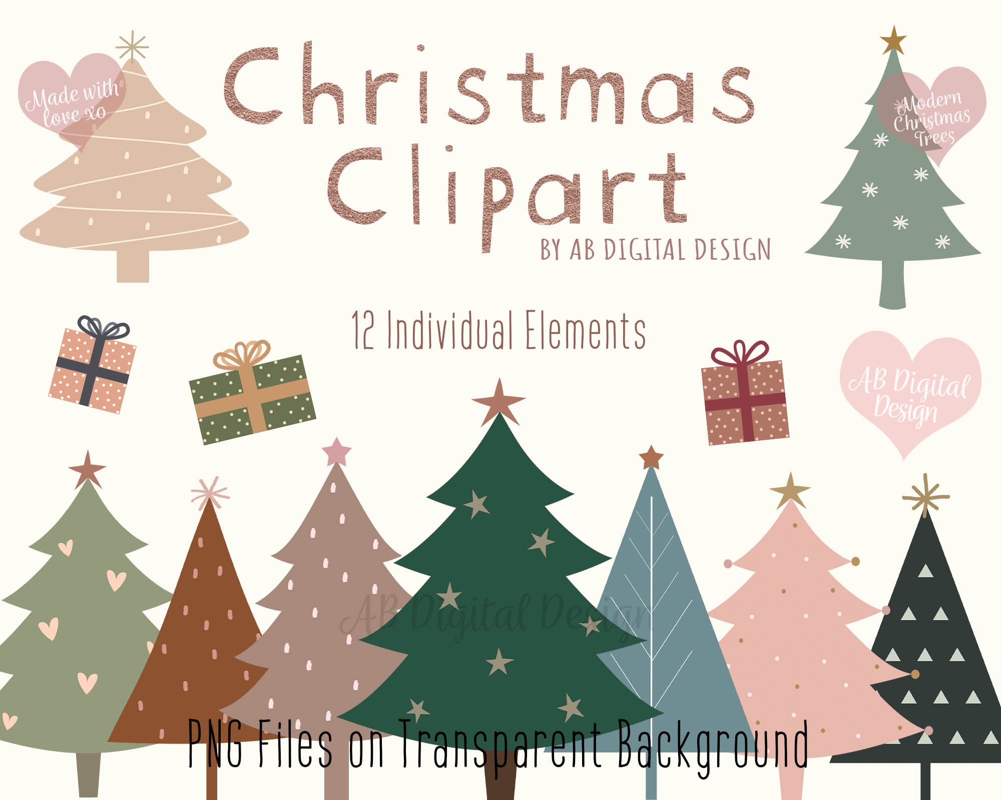 Christmas Tree Clipart Modern Christmas Trees & Gifts Clipart Festive ...