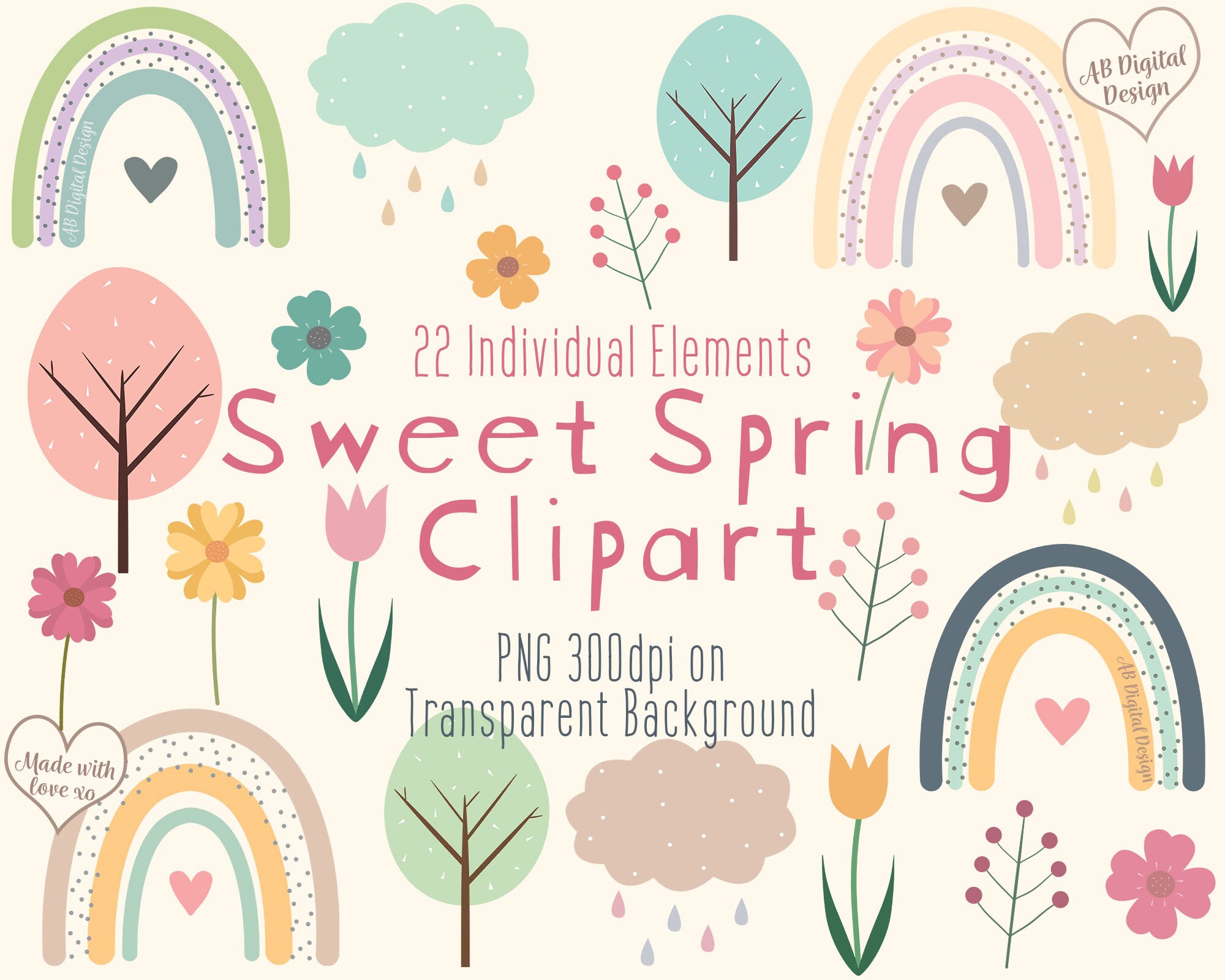 Spring Clipart | Cute Pastel Rainbows Flowers & Trees | Spring Baby ...