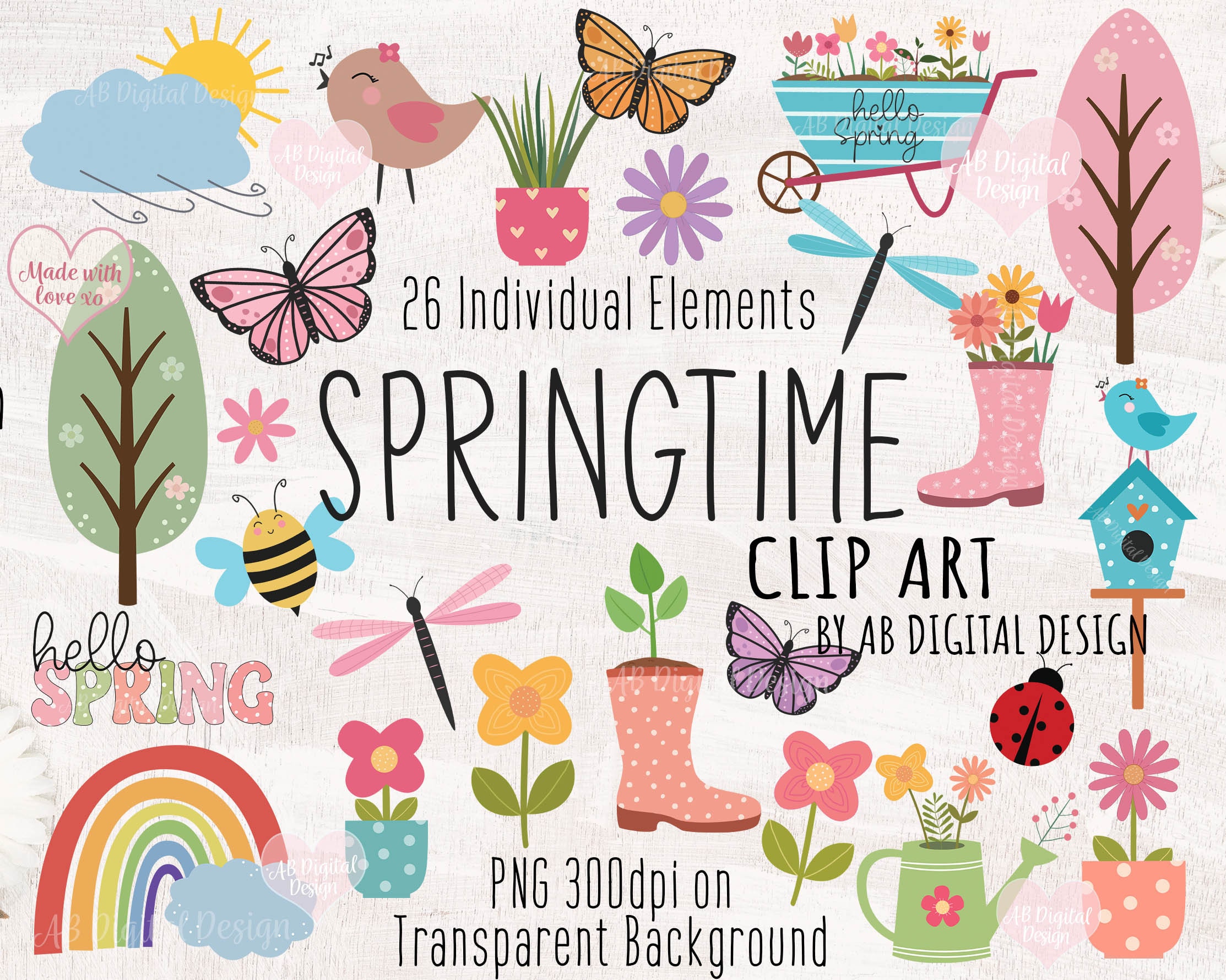 Cute Spring Clipart | Butterflies Flowers Birds & Trees | Spring Garden ...