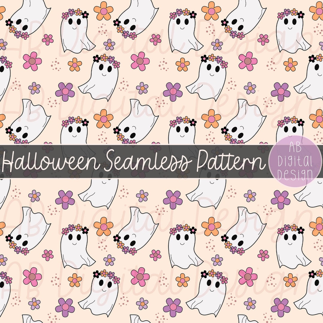 Cute Halloween Ghosts Digital Paper | Retro Floral Halloween Seamless ...