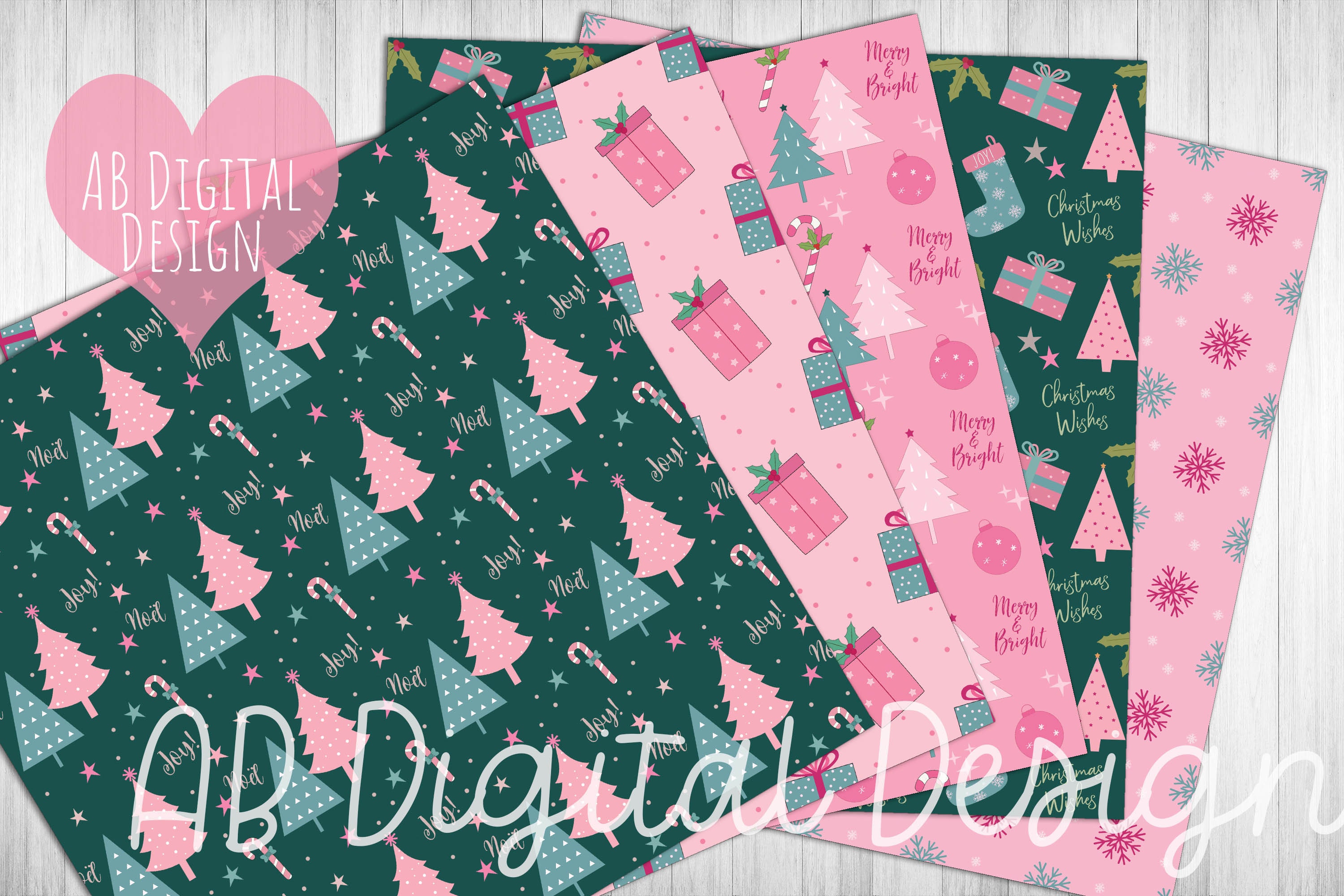 Pink Christmas Digital Paper Seamless Patterns Cute Christmas Printable ...