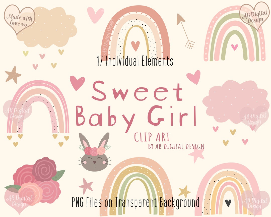 Baby Girl Nursery Clipart | Pink Boho Rainbows, Clouds, Hearts & Stars ...