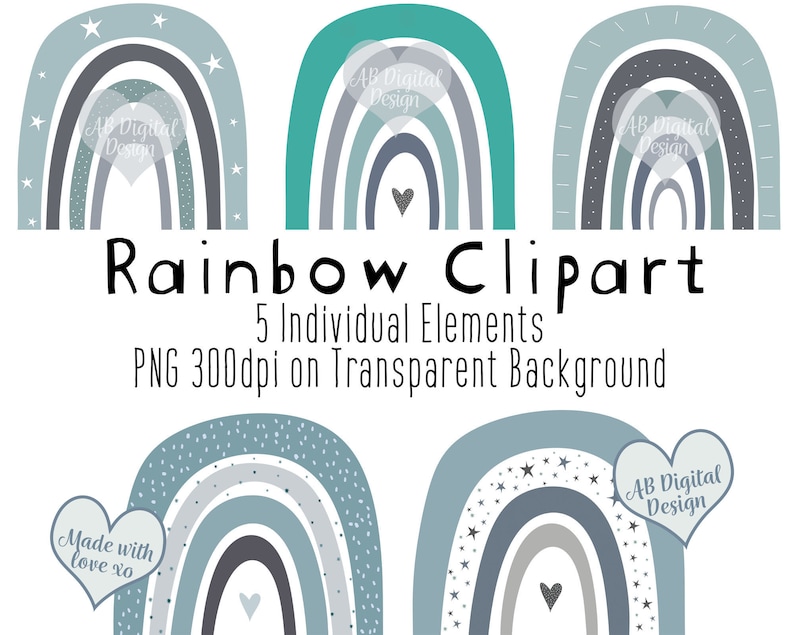 Blue Rainbow Clip Art | Children's Cute Clipart | Boho Rainbows ...
