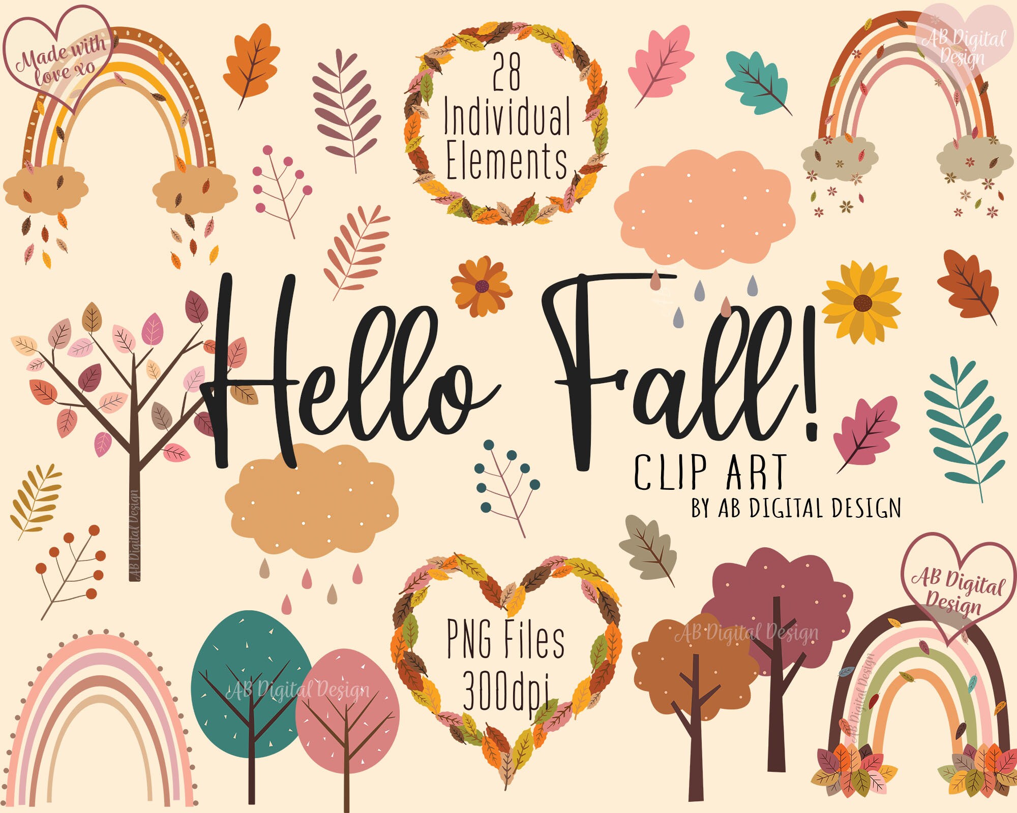 Cute Fall Clipart Fall Rainbows, Trees, Leaves, Flowers & Rainclouds ...