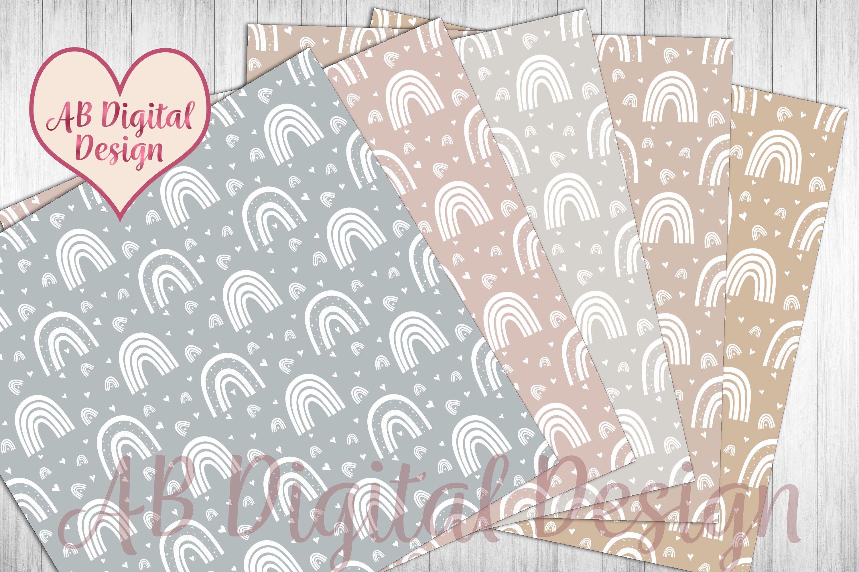 Boho Rainbow Digital Paper | Neutral Brown Grey Blue Pink | Baby ...