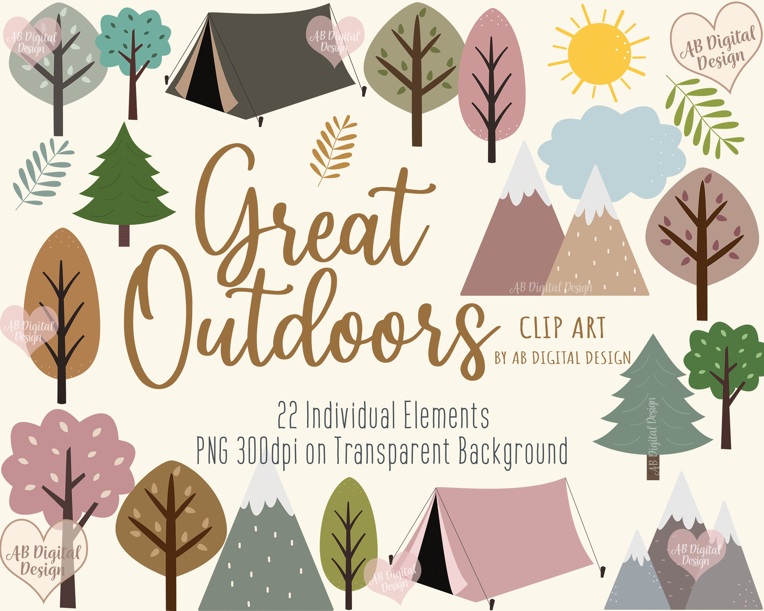 Outdoors Nature Clipart Camping Trees Tents Mountains - Etsy