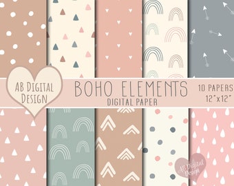 Boho Rainbows & Doodles Digital Paper Blush Pink Gold Blue | Etsy