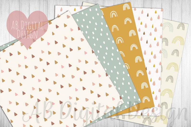 Boho Rainbows & Doodles Digital Paper Blush Pink Gold Blue | Etsy