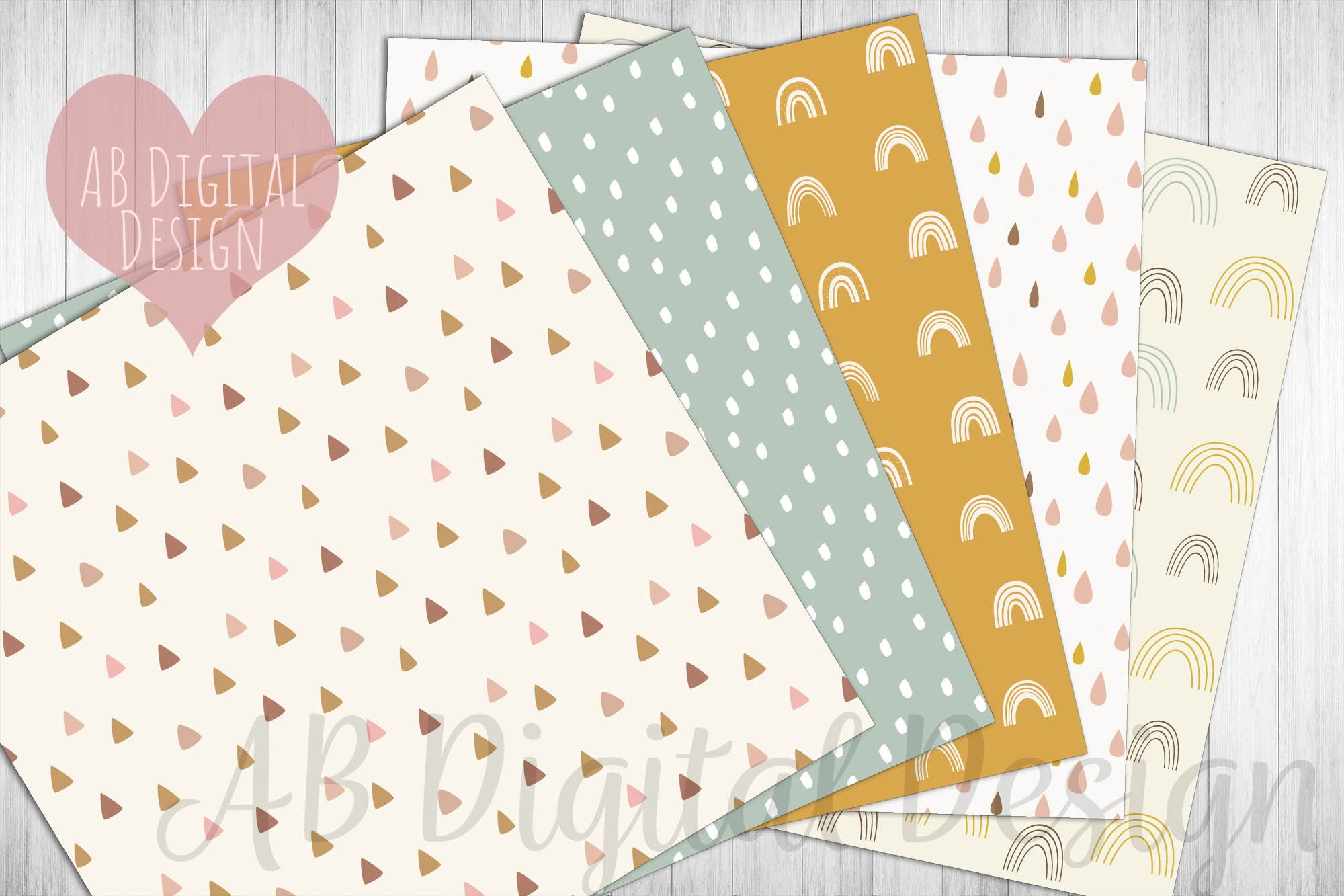 Boho Rainbows & Doodles Digital Paper | Blush Pink, Gold, Blue | Baby ...